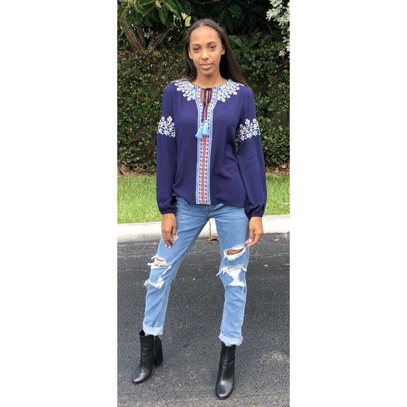 THML | Tops | Thml Embroidered Top Navy | Poshmark
